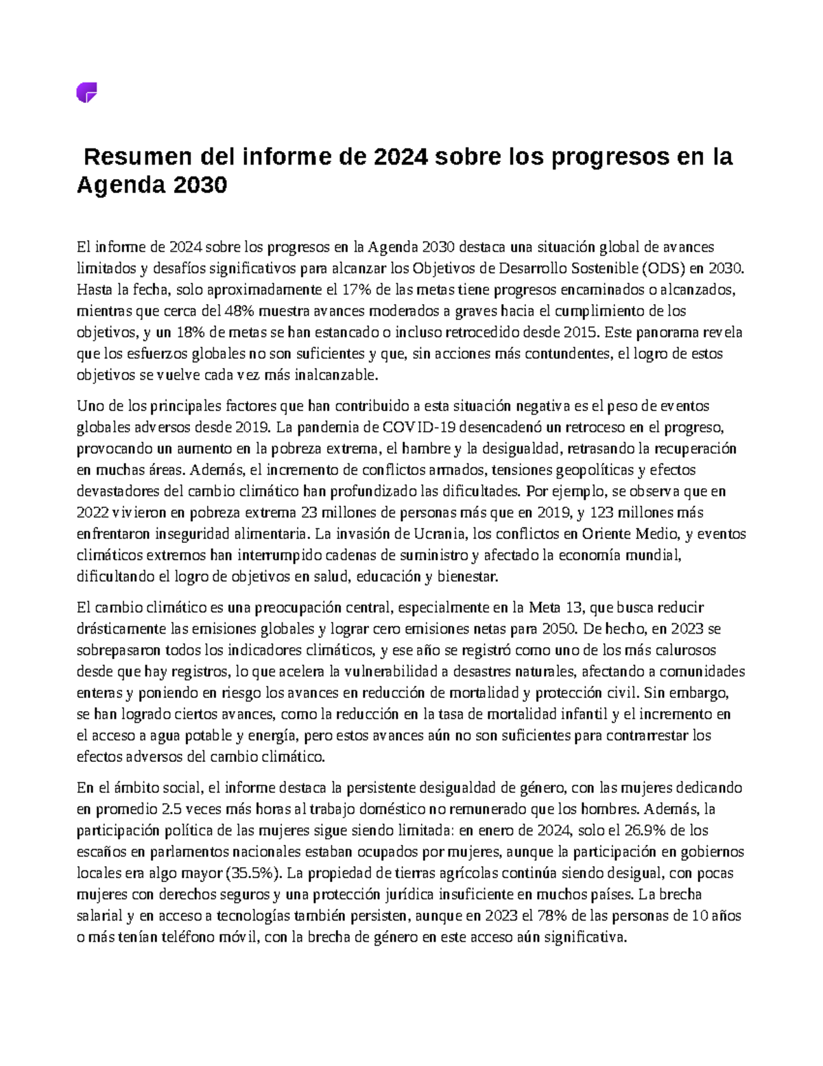 Resumen del Progreso en la Agenda 2030 - Informe 2024 - Studocu