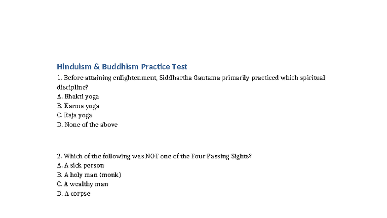 Buddhism Hinduism Practice Test 1: Key Concepts & Questions - Studocu