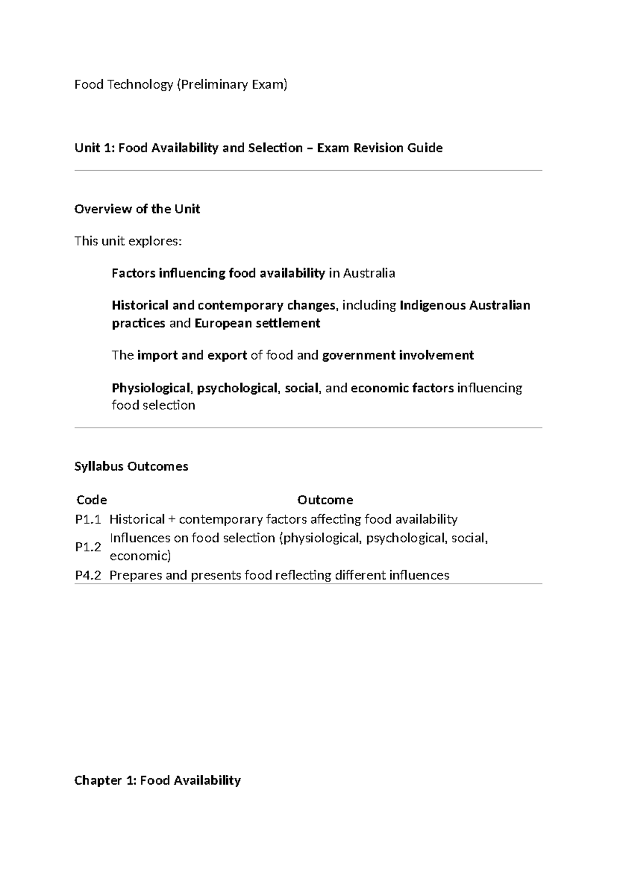 Food Technology (Prelim Exam) Unit 1: Food Availability & Selection ...