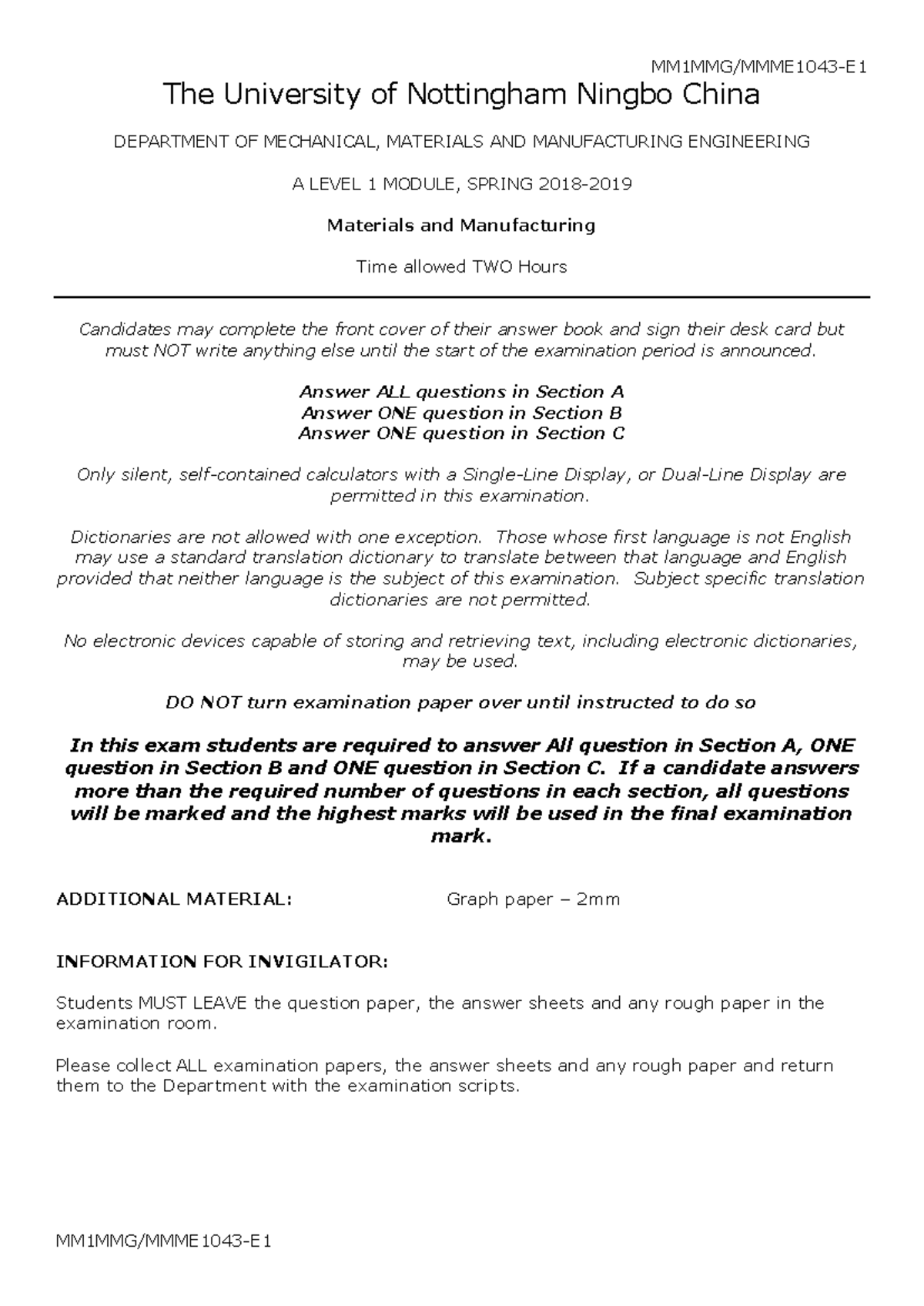 MM1MMG 2018-19 Final Exam Paper: Materials & Manufacturing Engineering ...