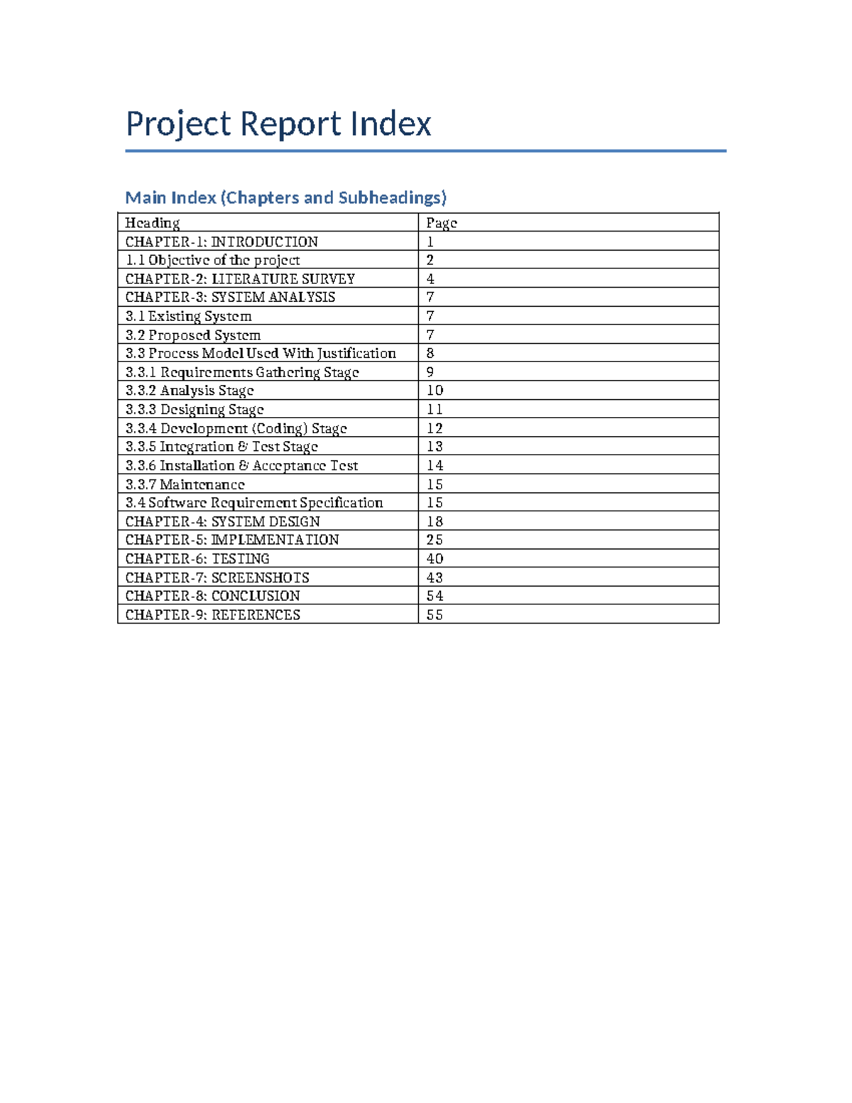 Project Report Index: Chapters & Subheadings Overview - Studocu