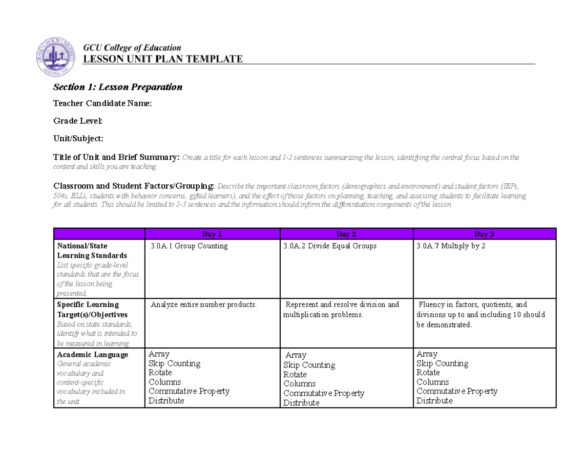 3-day unit plan template (1).docx - Section 1: Lesson Preparation ...