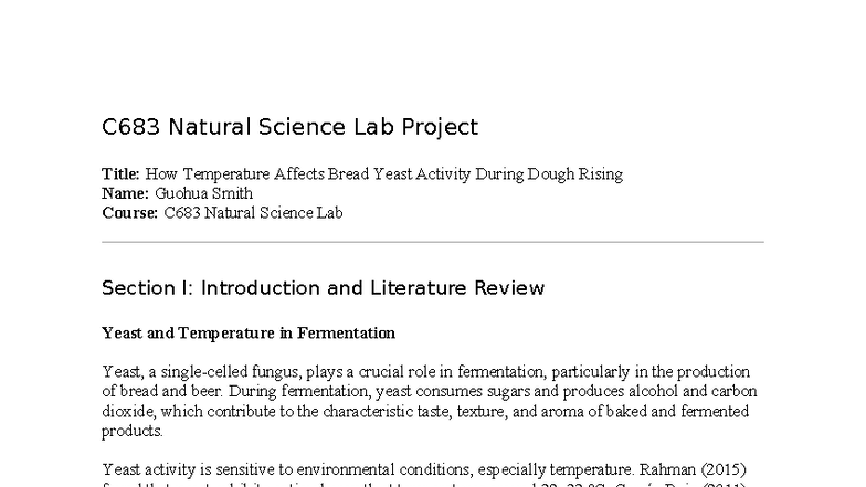 C683 Natural Science Lab: Impact of Temperature on Yeast Activity - Studocu