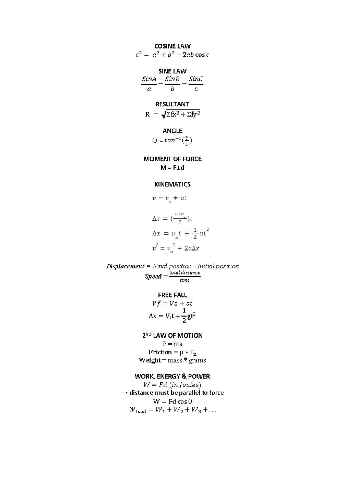 COSINE & SINE LAW, MOMENT OF FORCE, KINEMATICS & ENERGY FORMULAS P6 ...