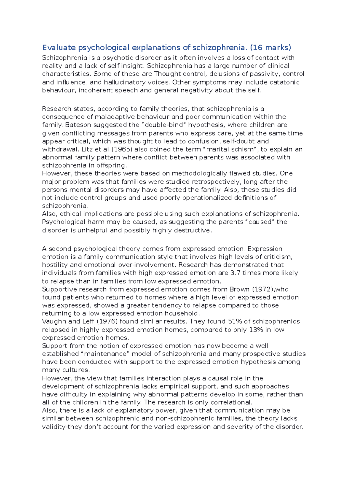 Evaluate psychological explanations of schizophrenia - (16 marks ...