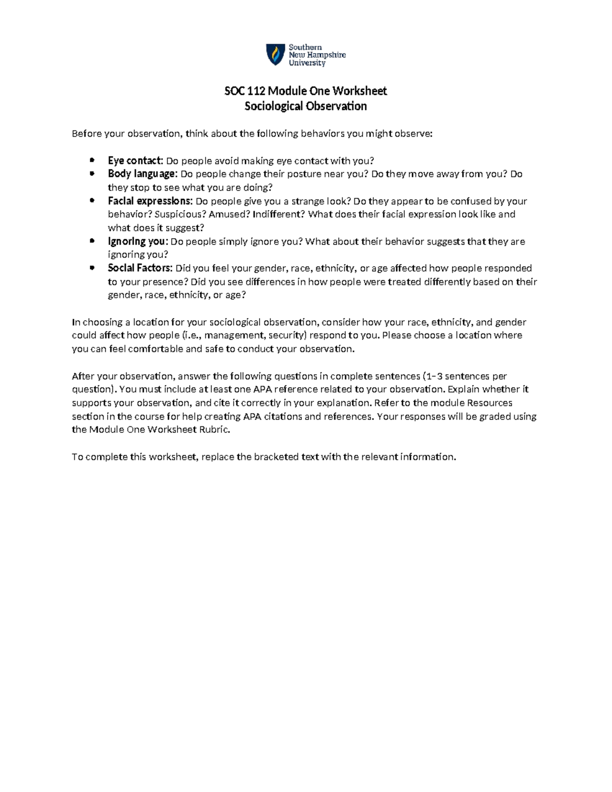 SOC 112 Module One Worksheet: Sociological Observation Insights - Studocu