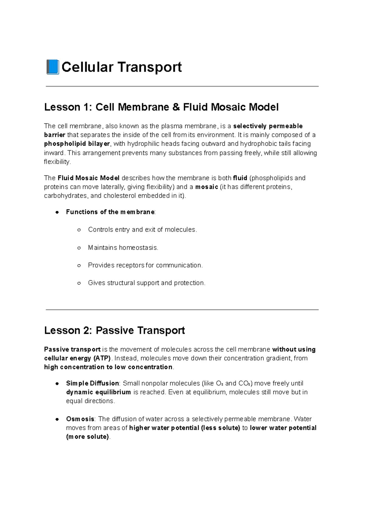 Transport Lesson 1: Cell Membrane & Fluid Mosaic Model - Studocu