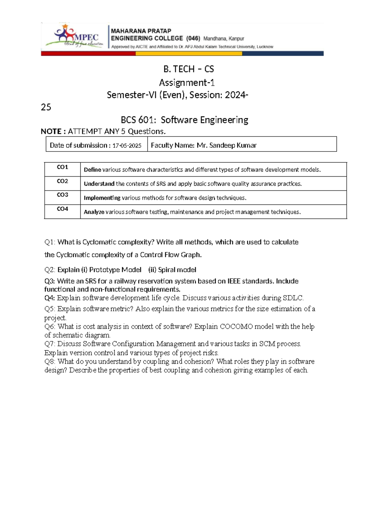 B. TECH CS (Even) 25 BCS 601: Software Engineering Assignment 1 - Studocu