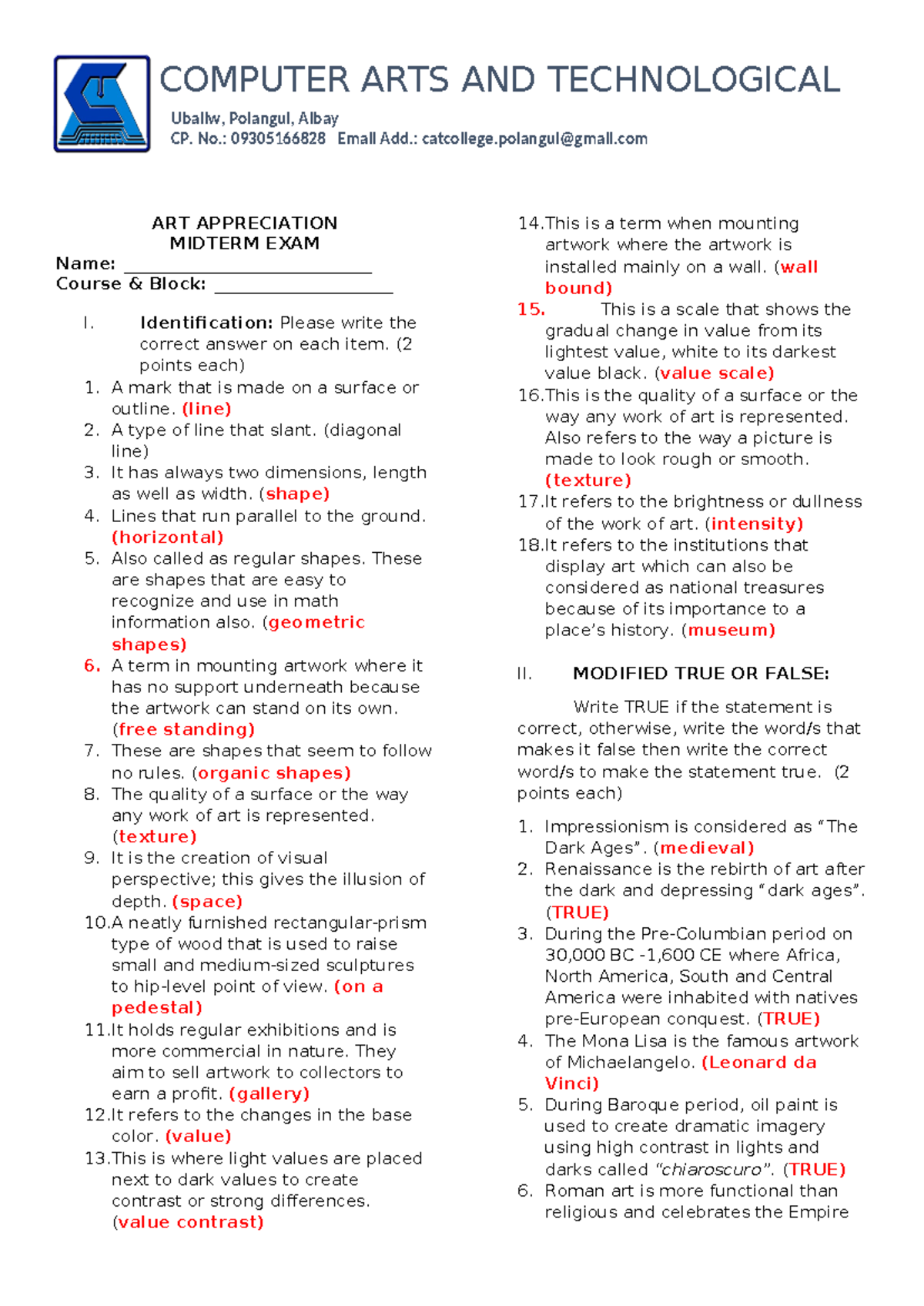 ART Appreciation Midterm EXAM - COMPUTER ARTS AND TECHNOLOGICAL COLLEGE ...