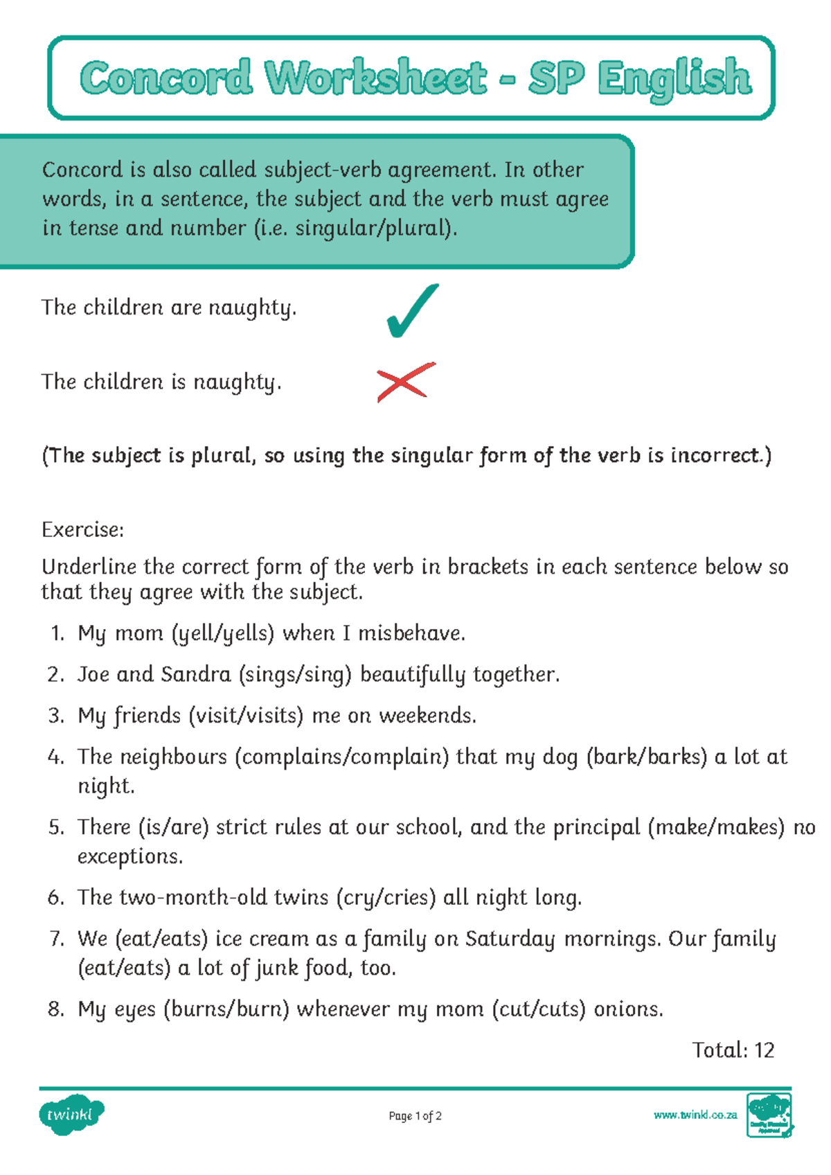 Concord Worksheet SP English: Subject-Verb Agreement Exercises - Studocu