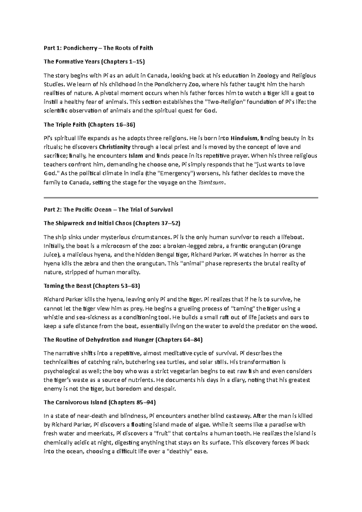 LIFE OF PI Summary: Part 1 & 2 Analysis and Themes - Studocu