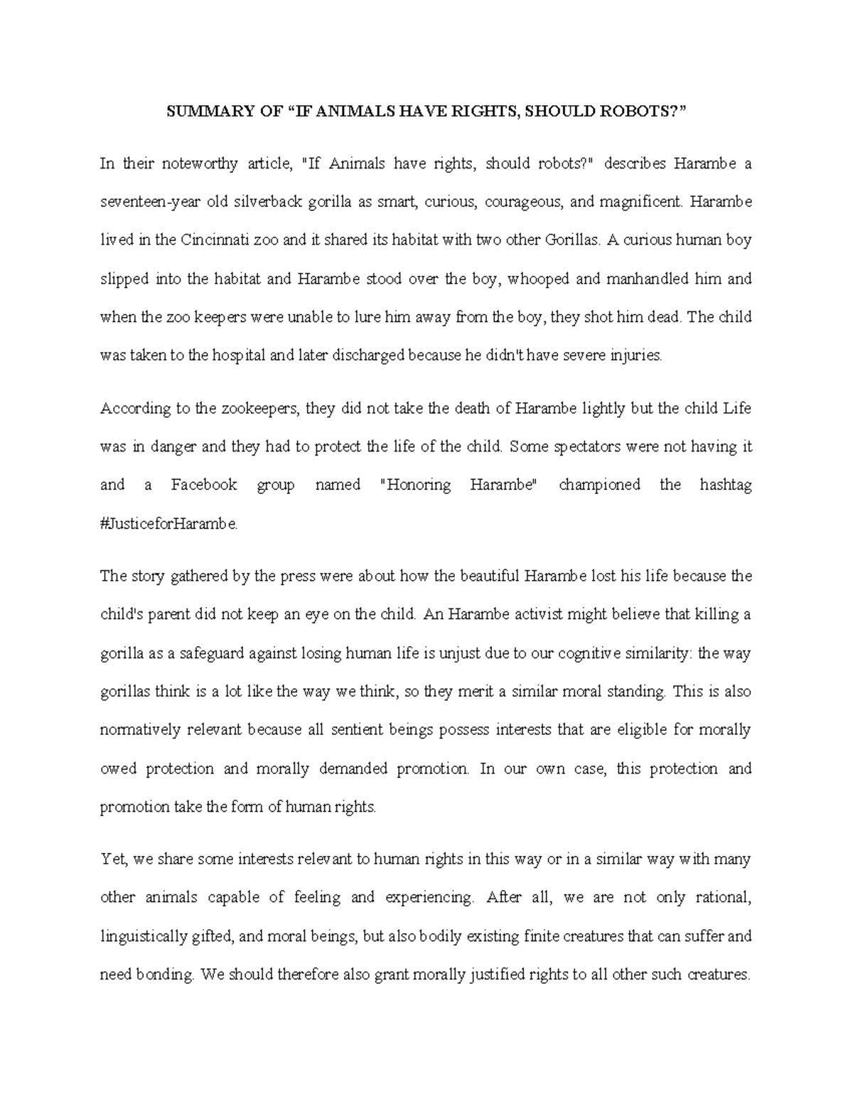 Robots critical analysis - SUMMARY OF “IF ANIMALS HAVE RIGHTS, SHOULD ...