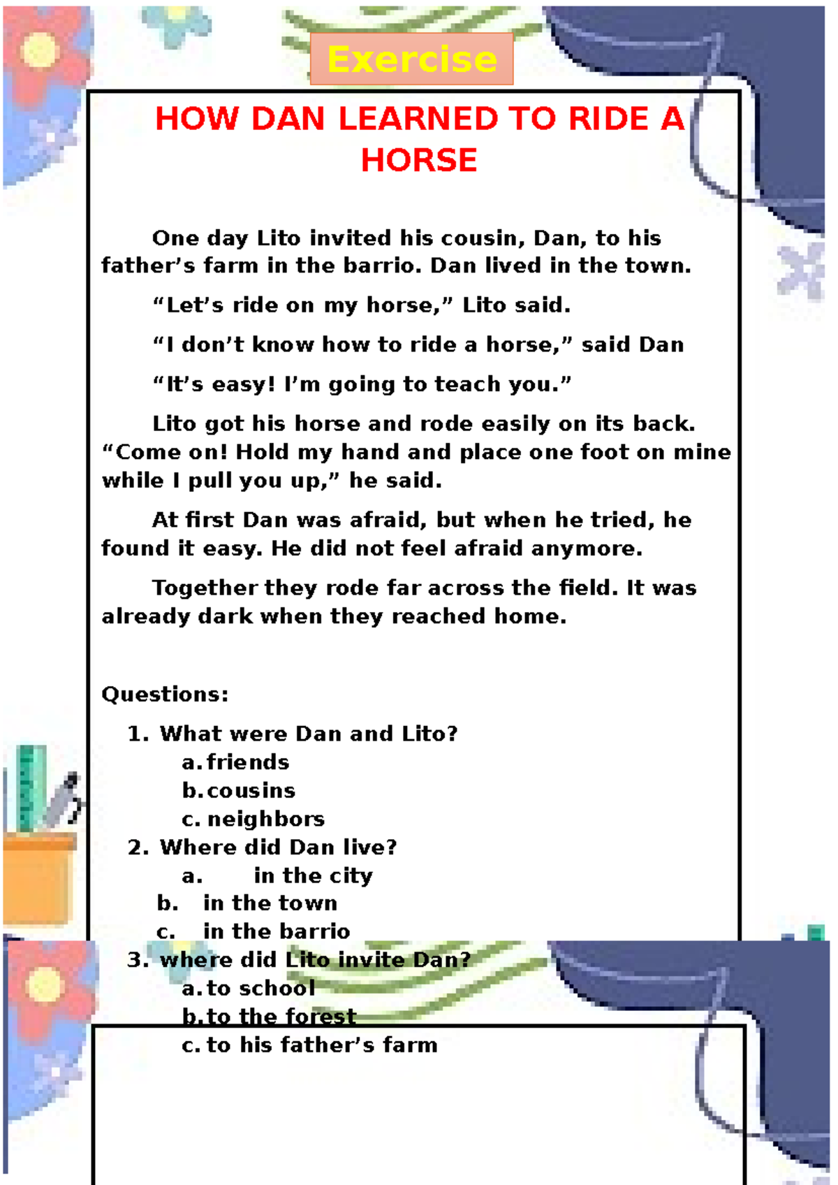 Exercise 2 - How Dan Learned to Ride a Horse - Studocu