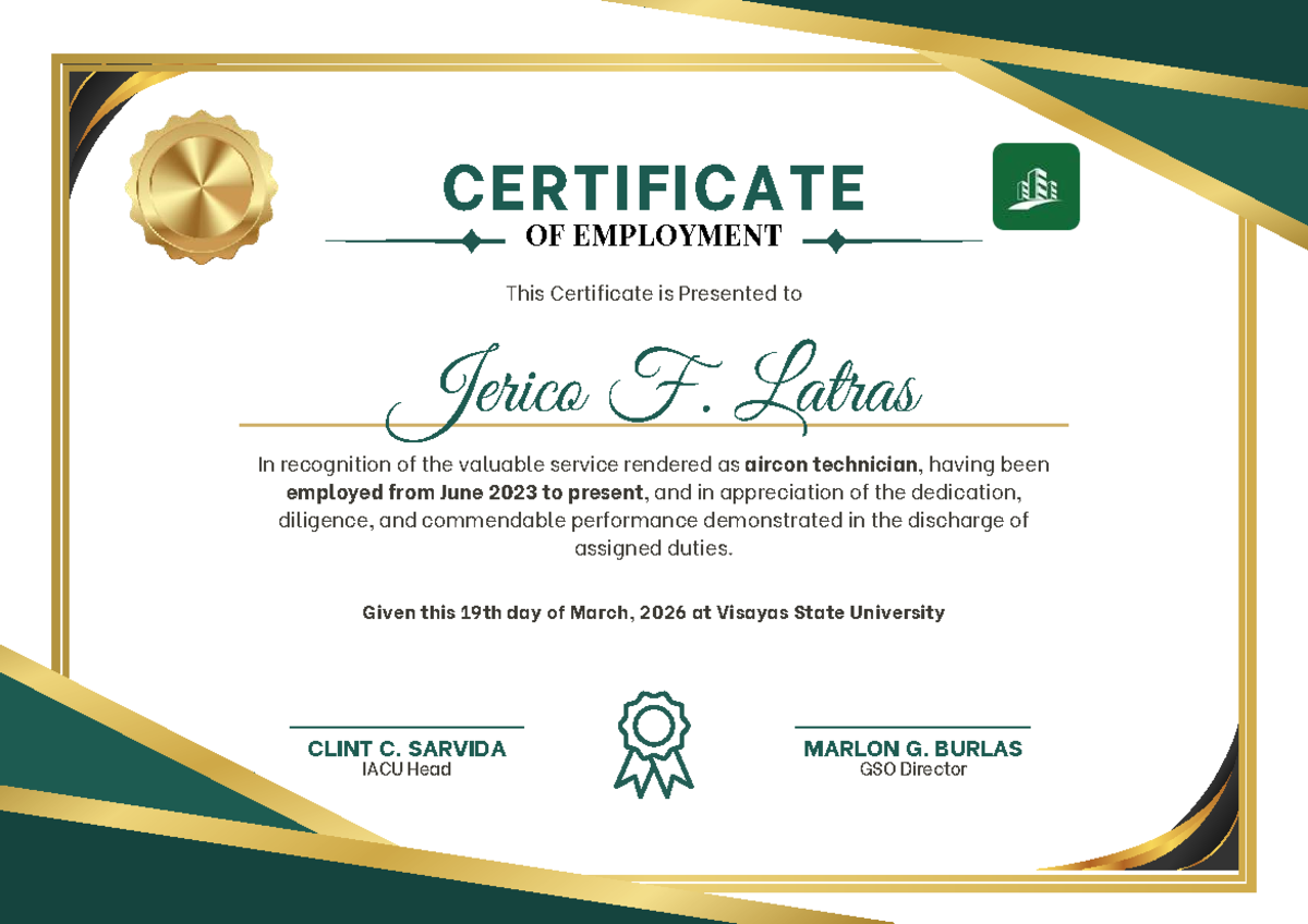Certificate - In recognition of the valuable service rendered as aircon ...