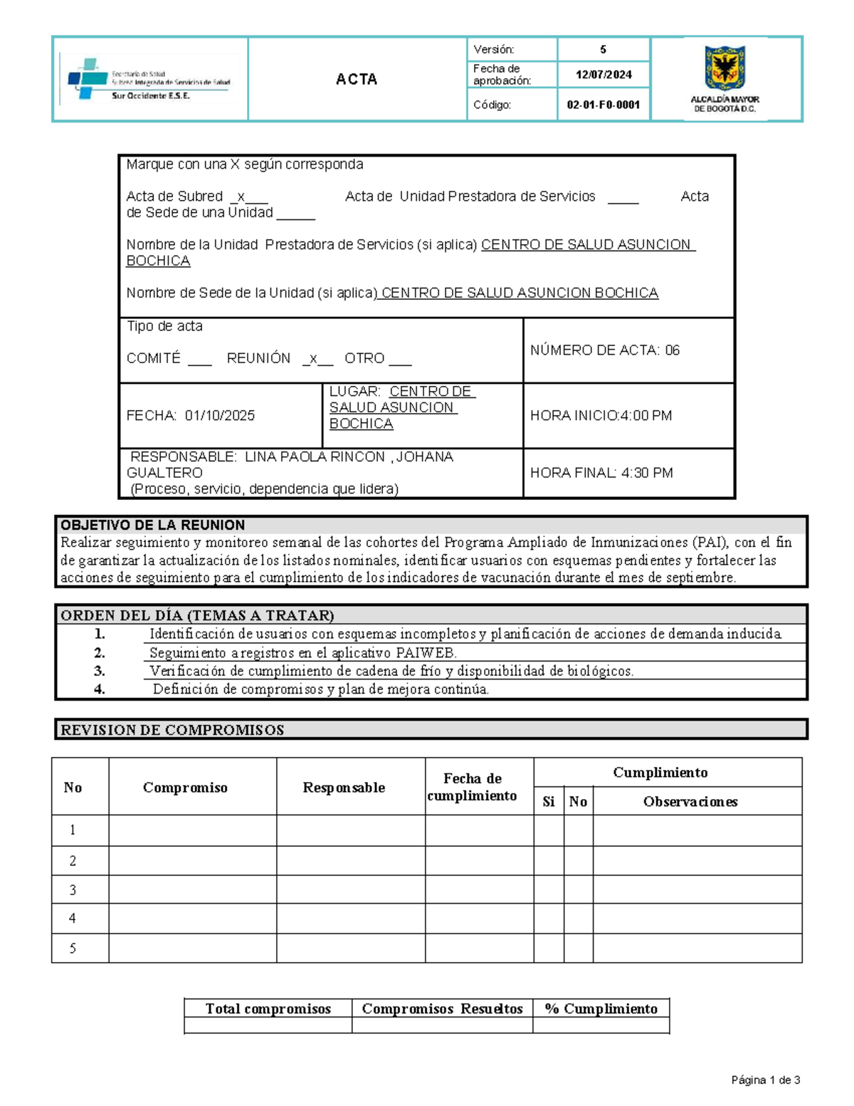 ACTA DE Monitoreo Semanal de Cohortes PAI - Septiembre 2025 - Studocu