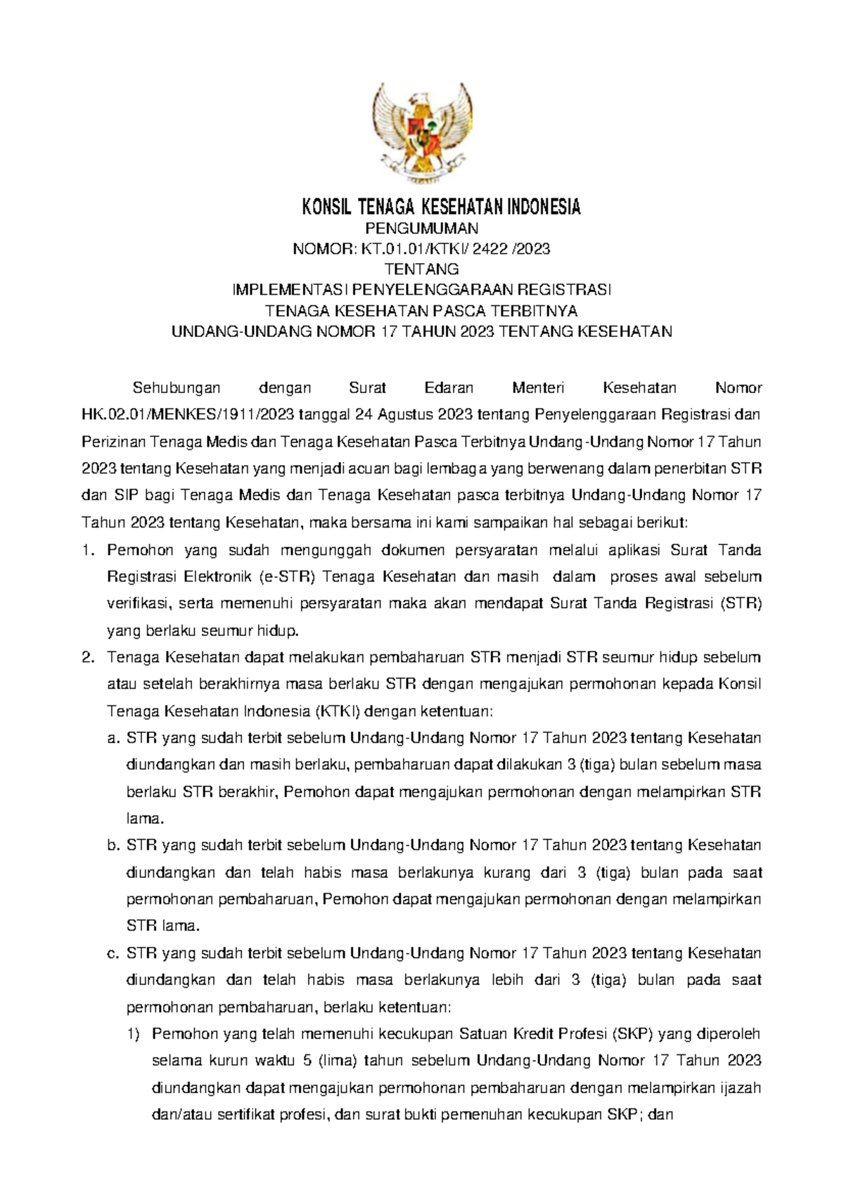 Surat Pengumuman KTKI No. 2422 tentang Registrasi Tenaga Kesehatan ...