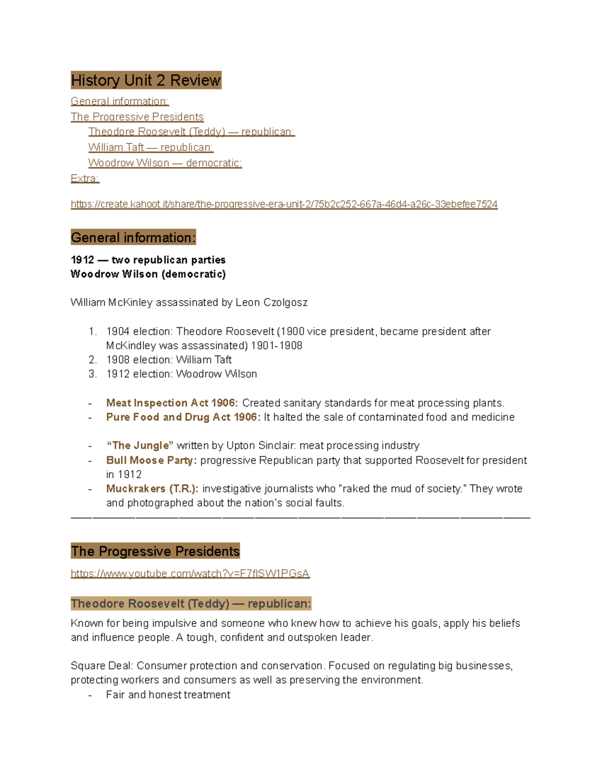 History Unit 2 Review: The Progressive Presidents (Roosevelt, Taft ...