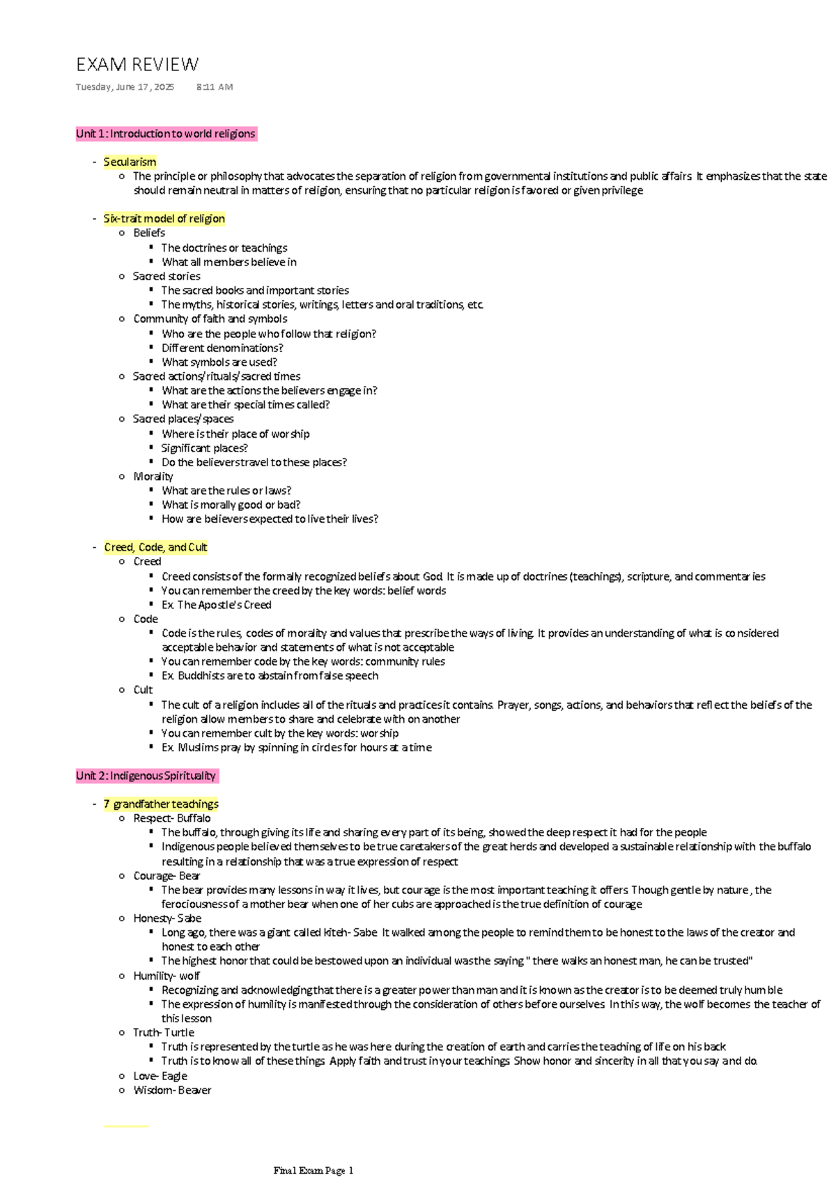 Final Exam Review: Grade 11 World Religions - Studocu