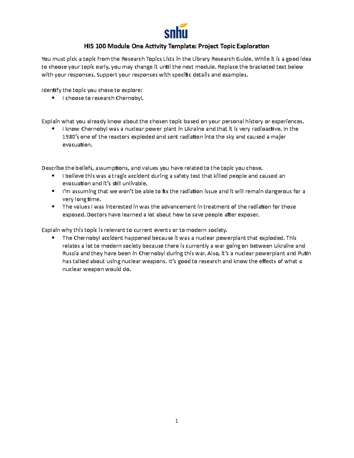 HIS 100 Module 1 Activity: Exploring Chernobyl's Impact and Relevance ...