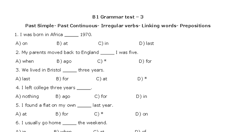 B1 Grammar Test 3: Past Tense, Irregular Verbs & Prepositions - Studocu