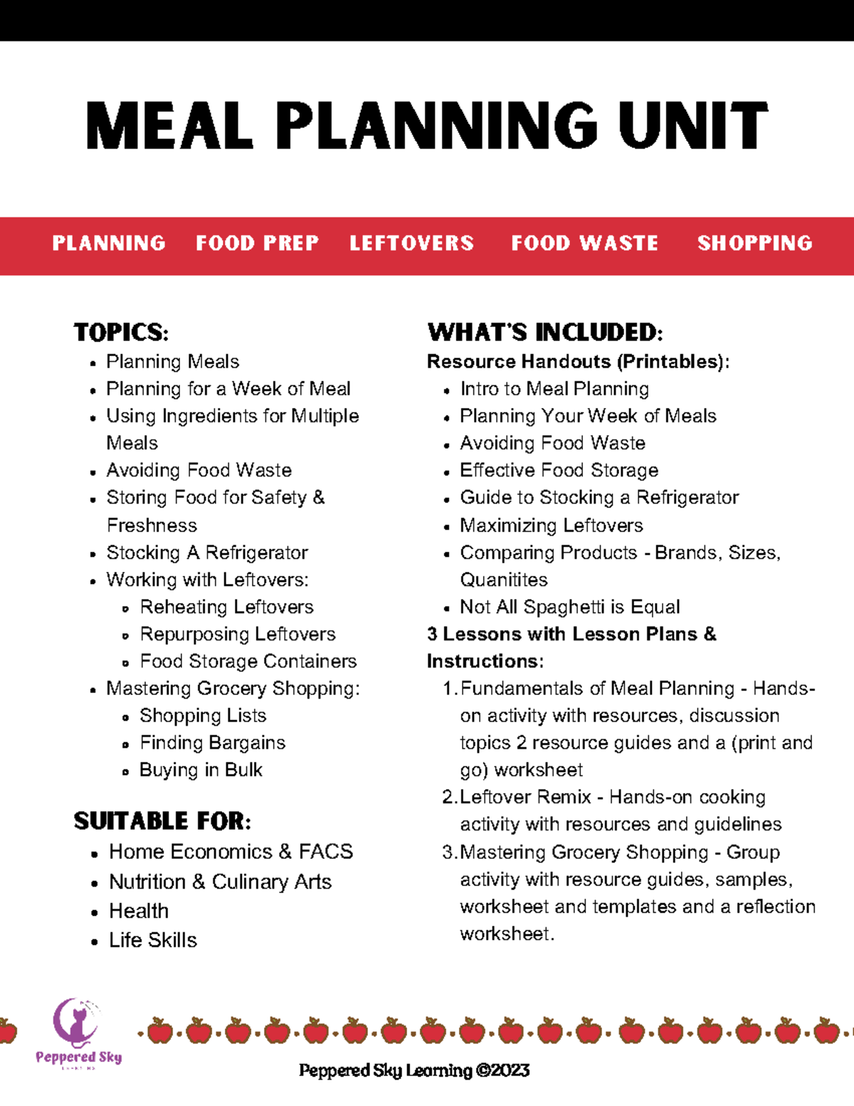 Meal Planning Curriculum Full Unit Lessons Resources Cooking Activities ...