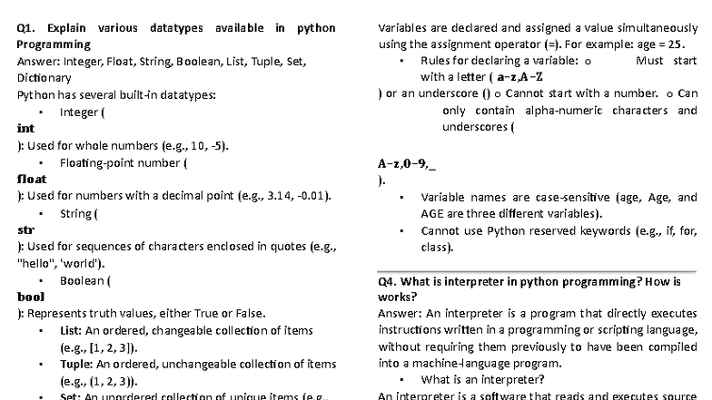 Python Programming Concepts and Data Types Overview (CS101) - Studocu