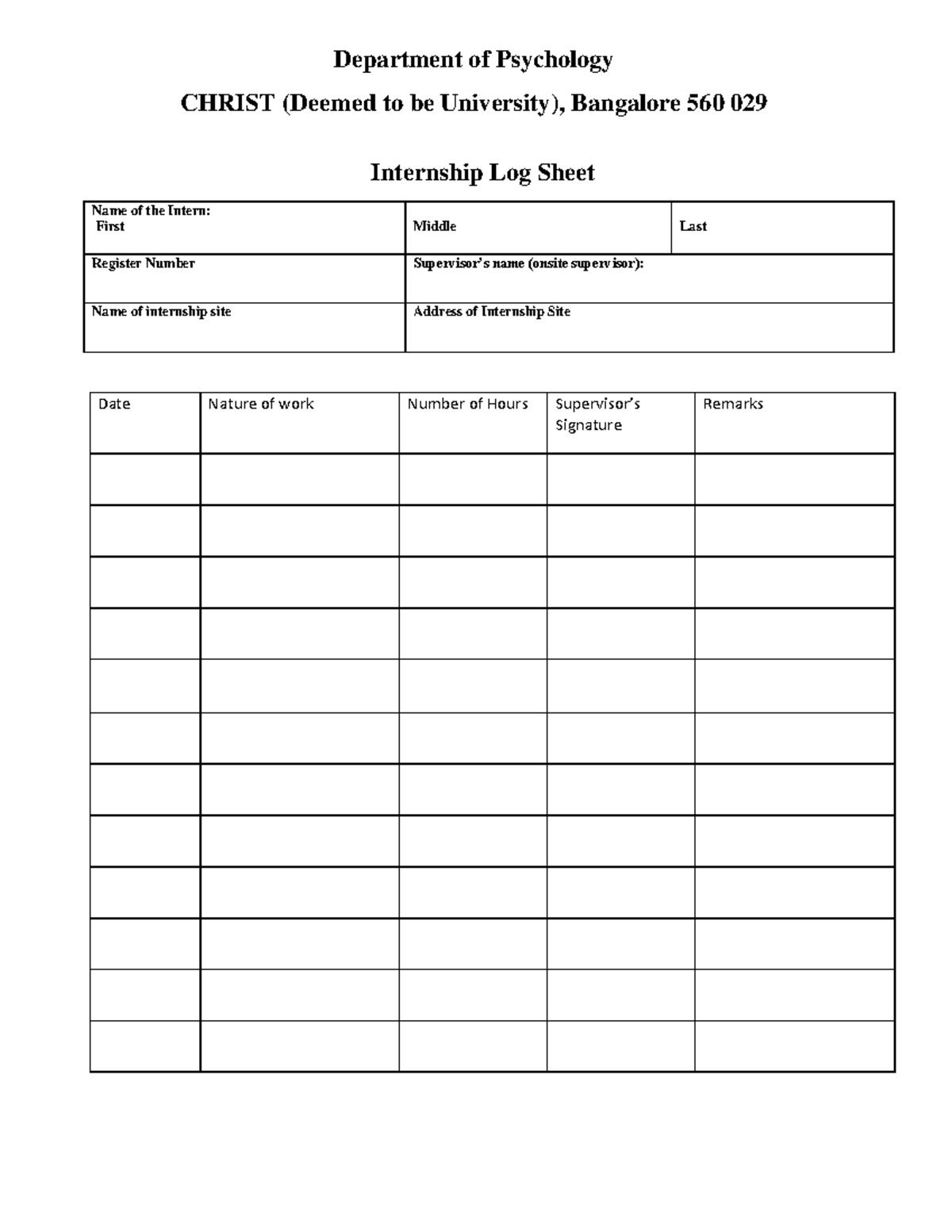 Internship Log Sheet and Evaluation - MSc Psychology (Clinical) - Studocu