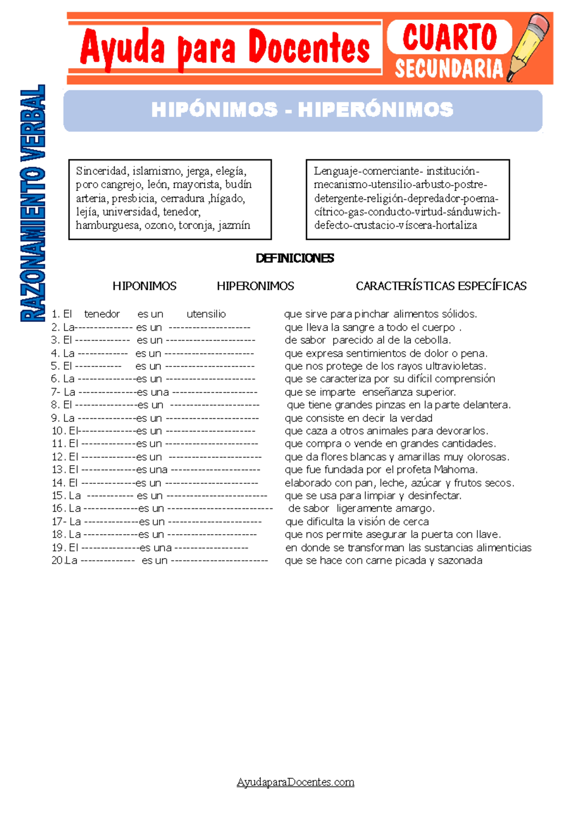 Hipónimos y Hiperónimos: Ejercicios para Cuarto de Secundaria - Studocu