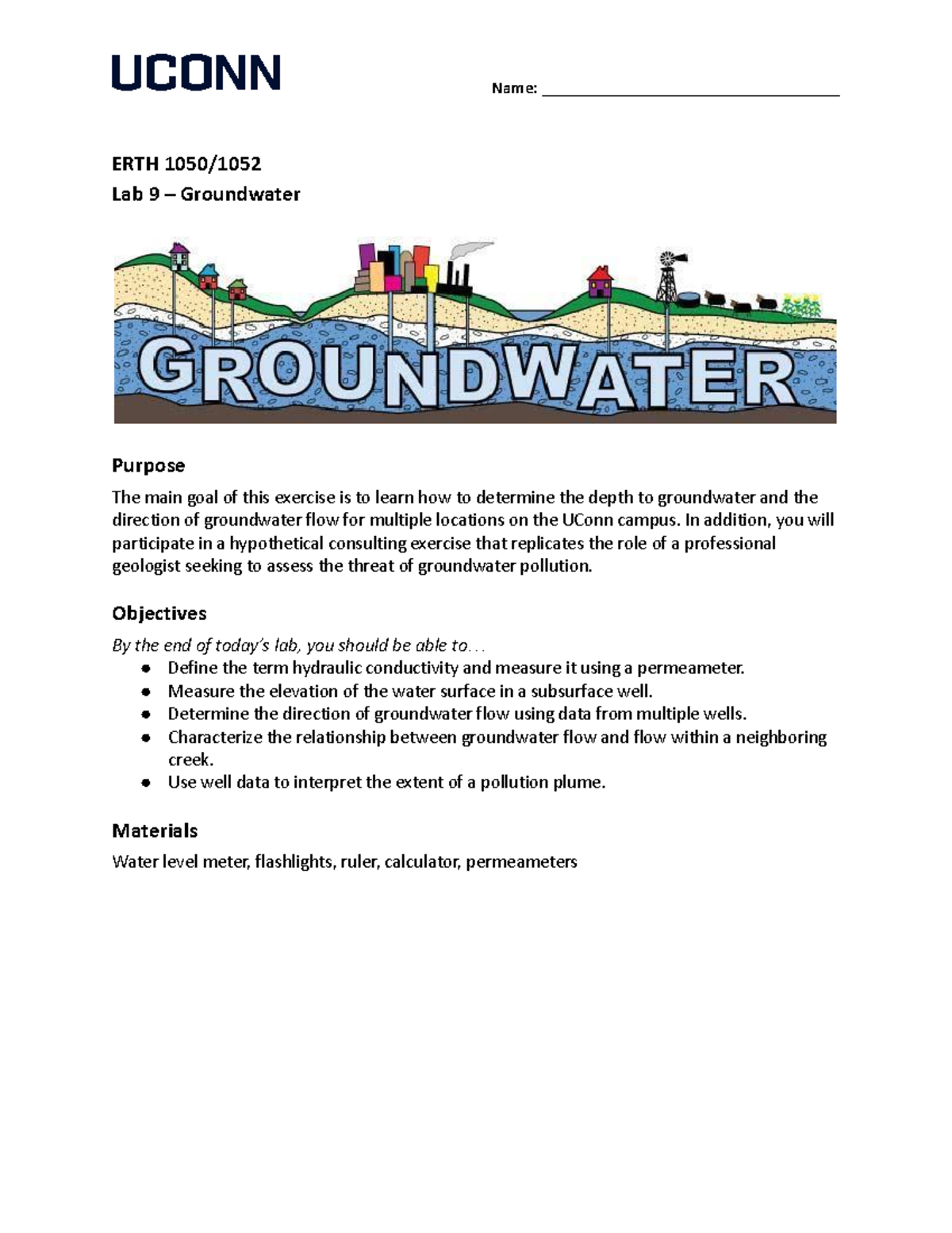 ERTH1052 Lab 9 (Groundwater) worksheet Student - Name