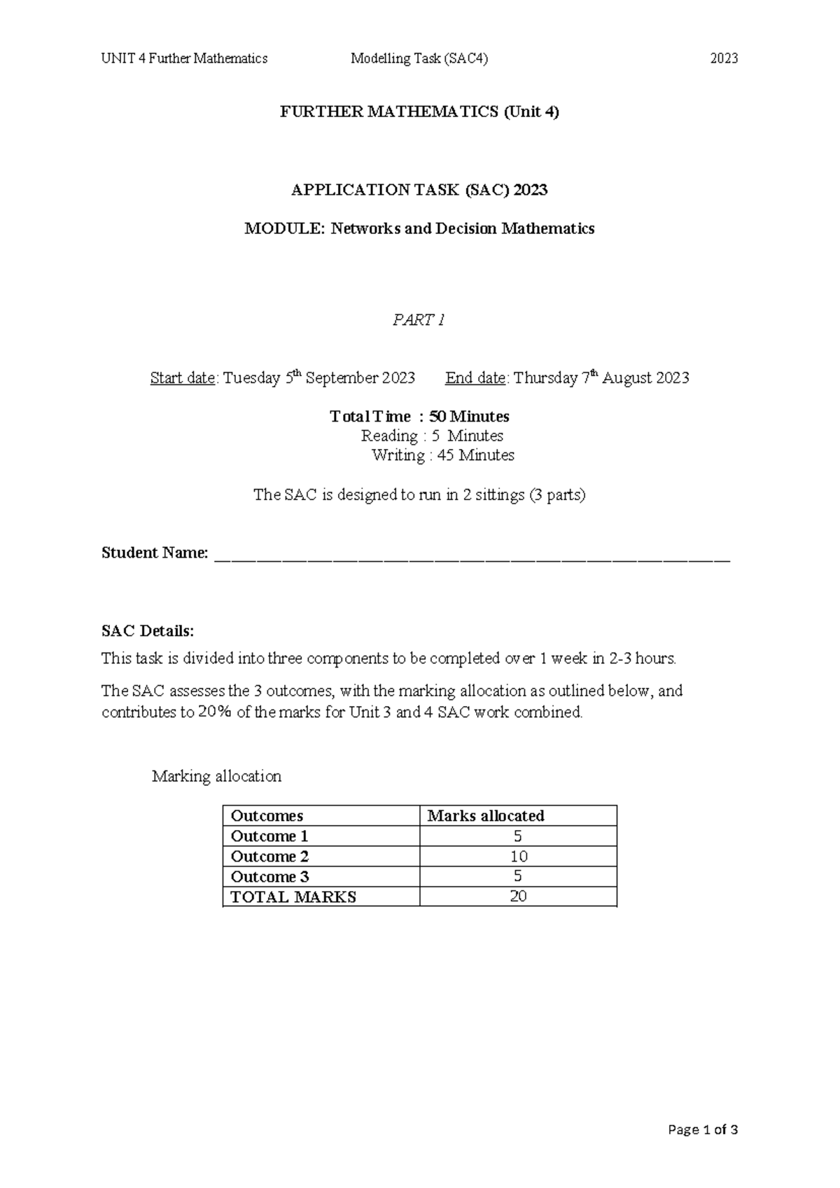 Further Mathematics (Unit 4) Modelling Task (SAC4) 2023 - Studocu