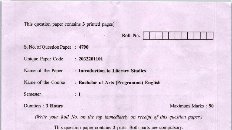 BA English I Sem: Intro to Literary Studies Question Paper 2032201101 ...