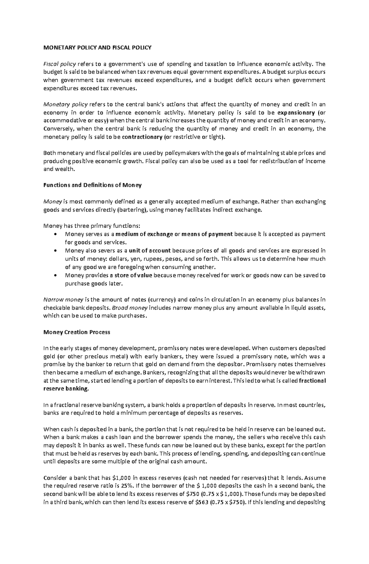 Monetary Policy and Fiscal Policy: Key Concepts and Functions - Studocu