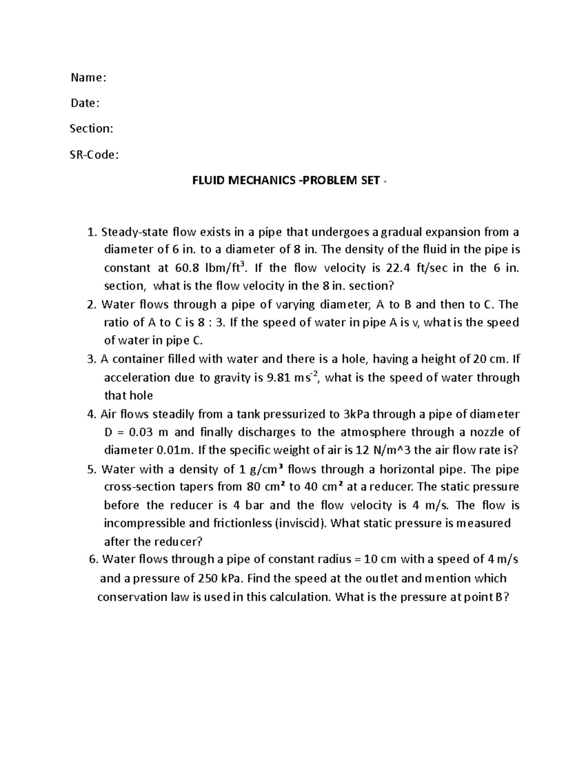 FLUID MECHANICS - Bernoulli's Equation Problem Set #1 - Studocu