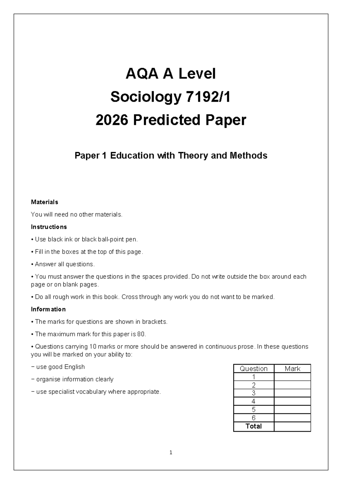 AQA A Level Sociology 2026 Predicted Paper 1: Education & Theory - Studocu