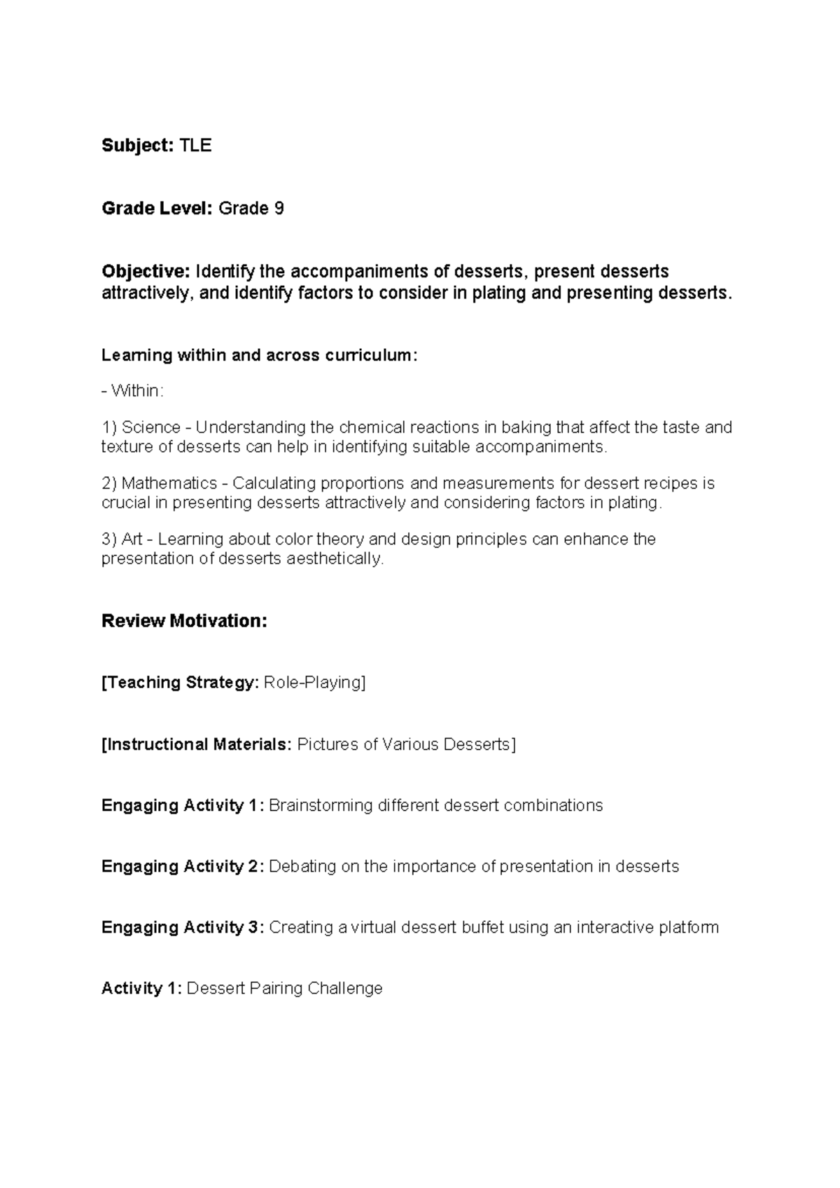 TLE Grade 9 Lesson Plan: Dessert Accompaniments & Presentation Skills ...