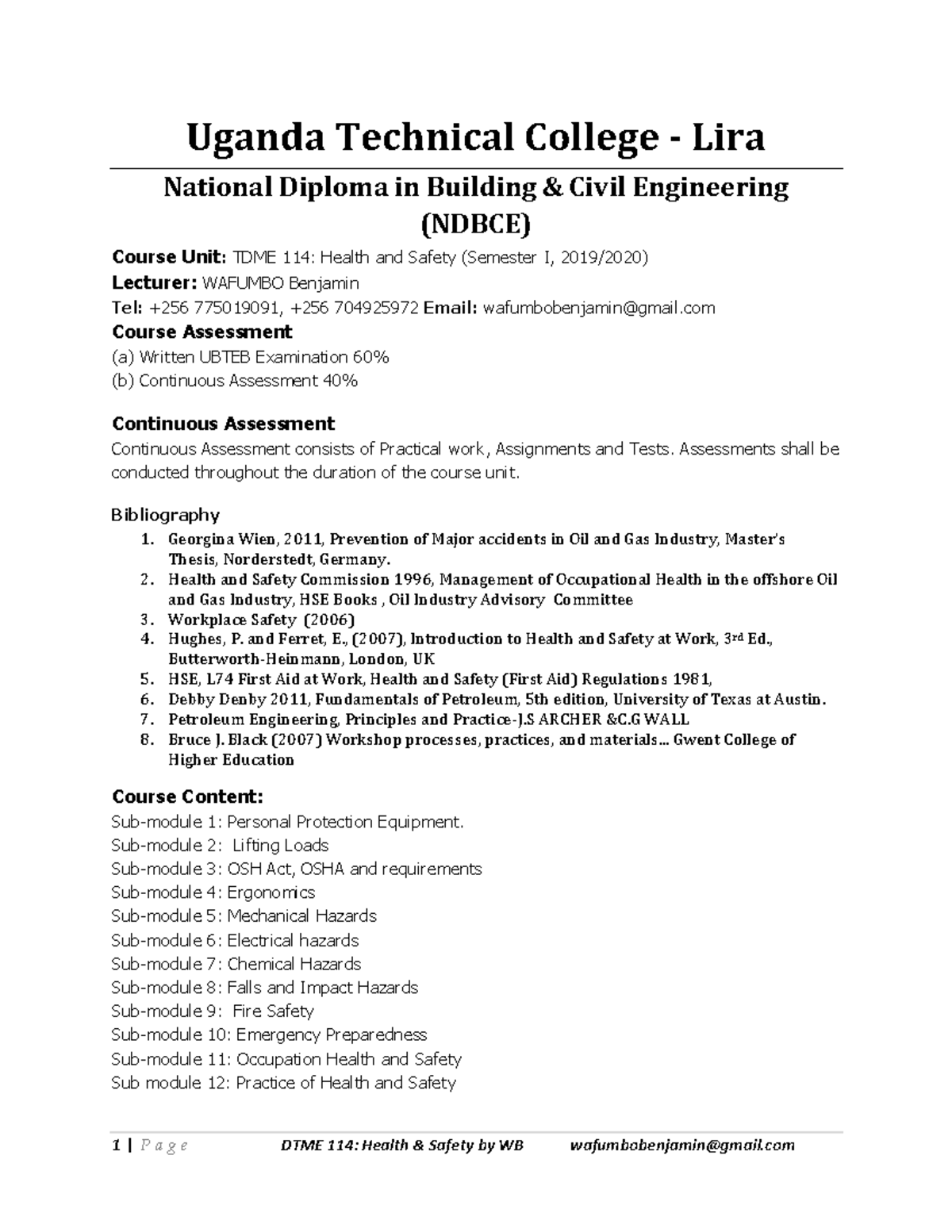 DTME 114: Health and Safety Notes for National Diploma in Building ...