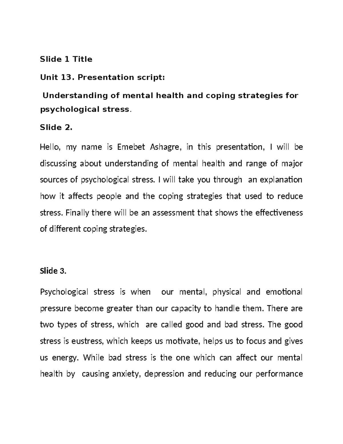 Unit 13 Presentation Script: Mental Health & Coping Strategies - Studocu
