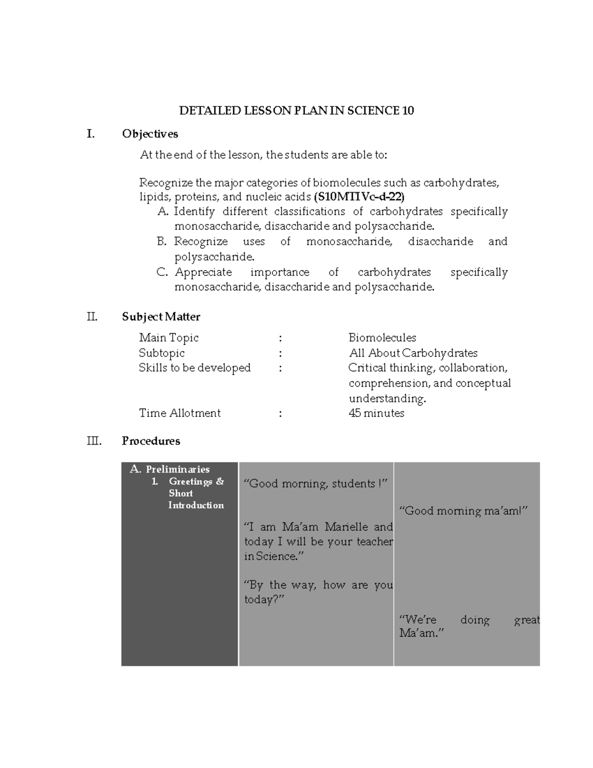 Detailed Lesson Plan on Carbohydrates for Science 10 - Studocu