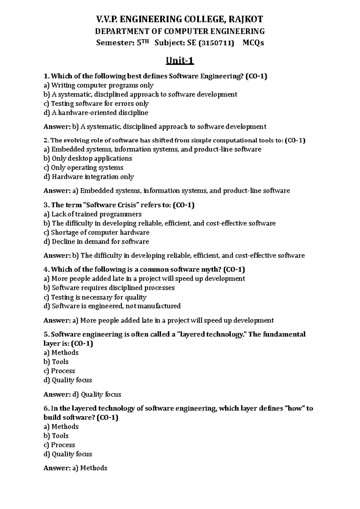 SE (3150711) Semester 5 MCQs - Software Engineering Concepts - Studocu