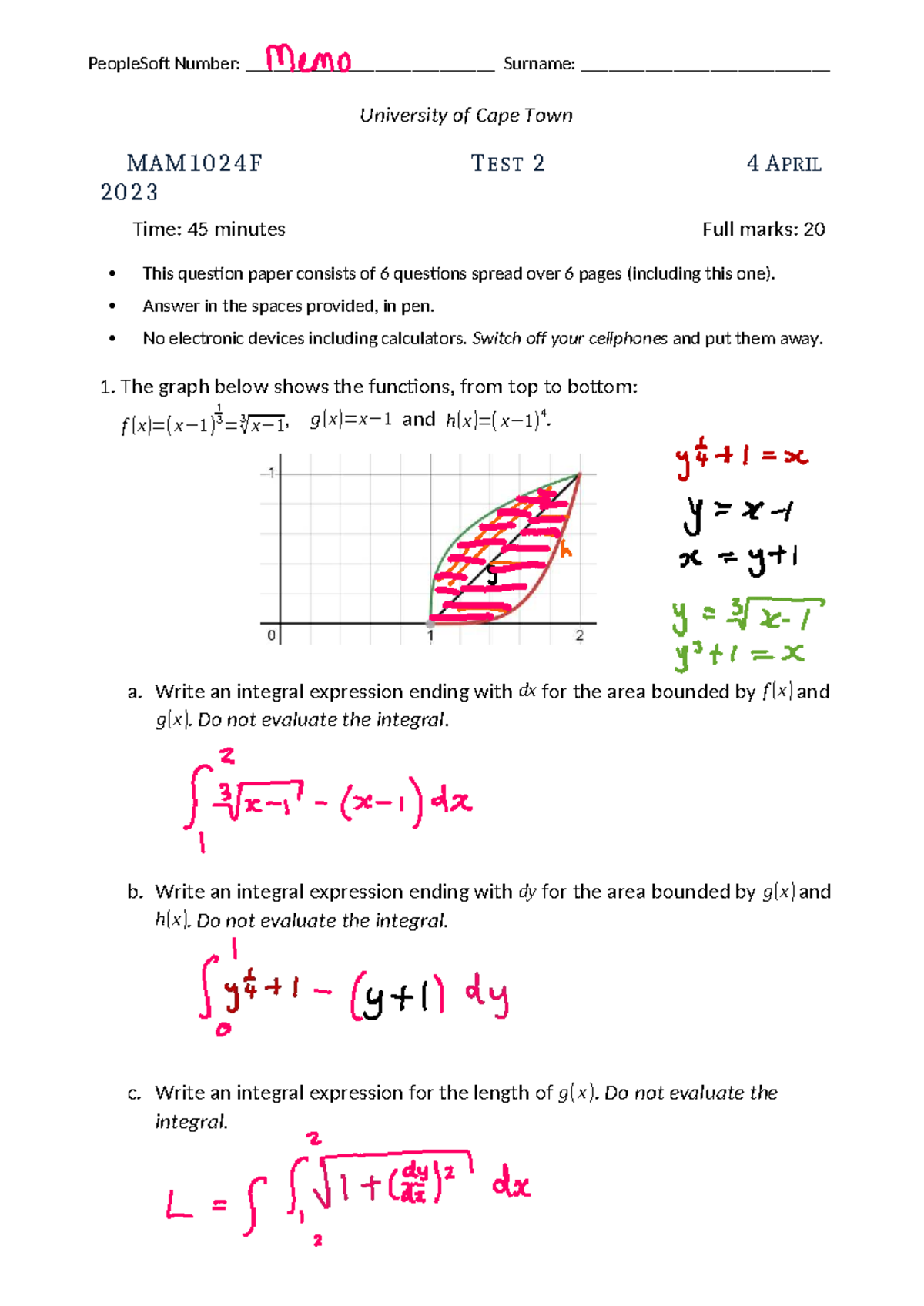 MAM1024F Test 2 2023 Solutions: Integration & Diff Eq Applications ...