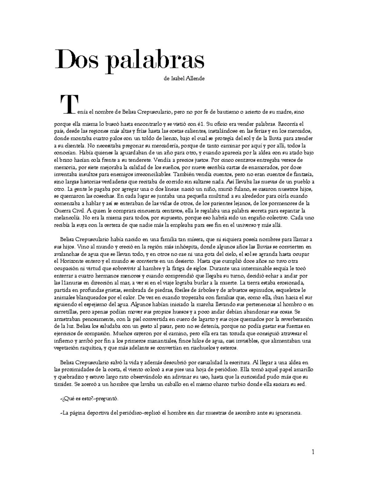 Cuento "Dos Palabras" de Isabel Allende: Análisis y Detalles - Studocu