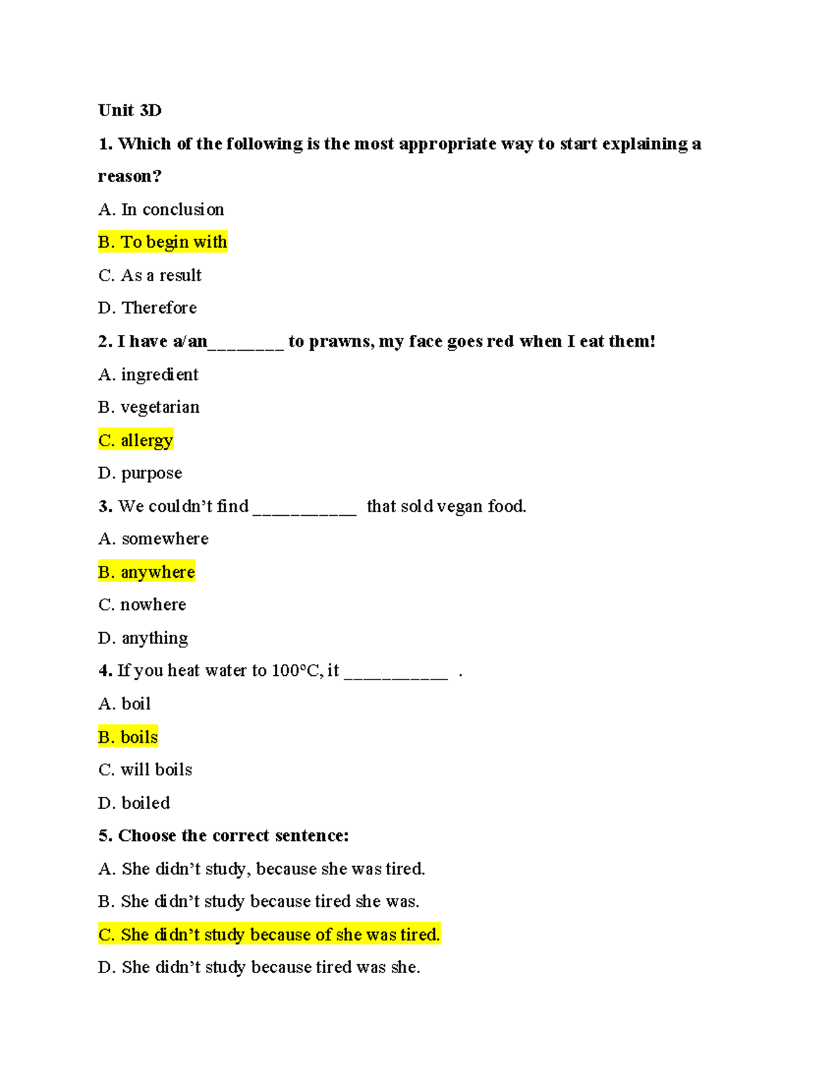 Unit 3D - Quiz on Sentence Structure and Vocabulary - Studocu