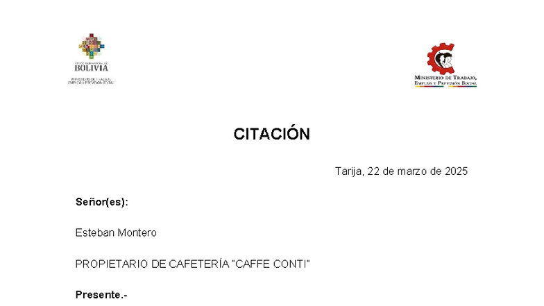 Modelo de Citación - Ministerio de Trabajo - Tarija 2025 - Studocu