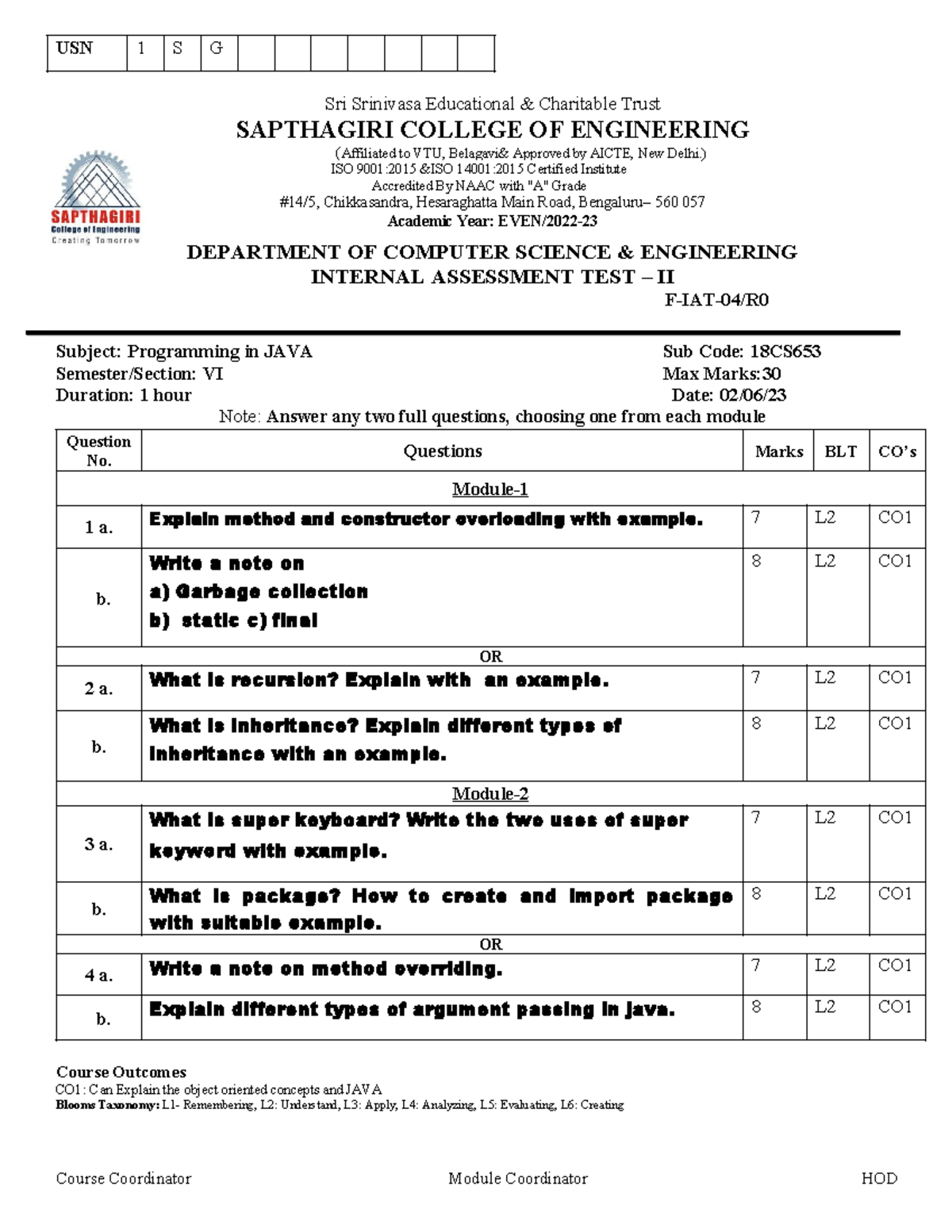 JAVA Programming Internal Assessment Test II (18CS) Lab Manual - Studocu