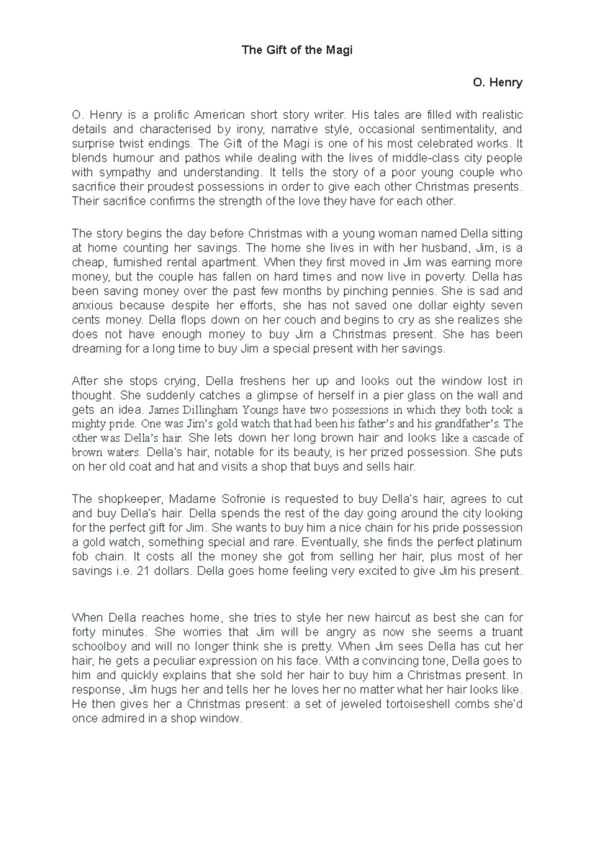 The Gift of the Magi: Summary & Analysis Notes - Studocu