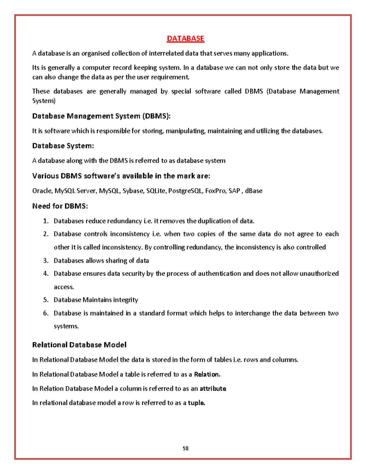 DATABASE SYSTEMS: A Comprehensive Study Guide for Class 12 - Studocu
