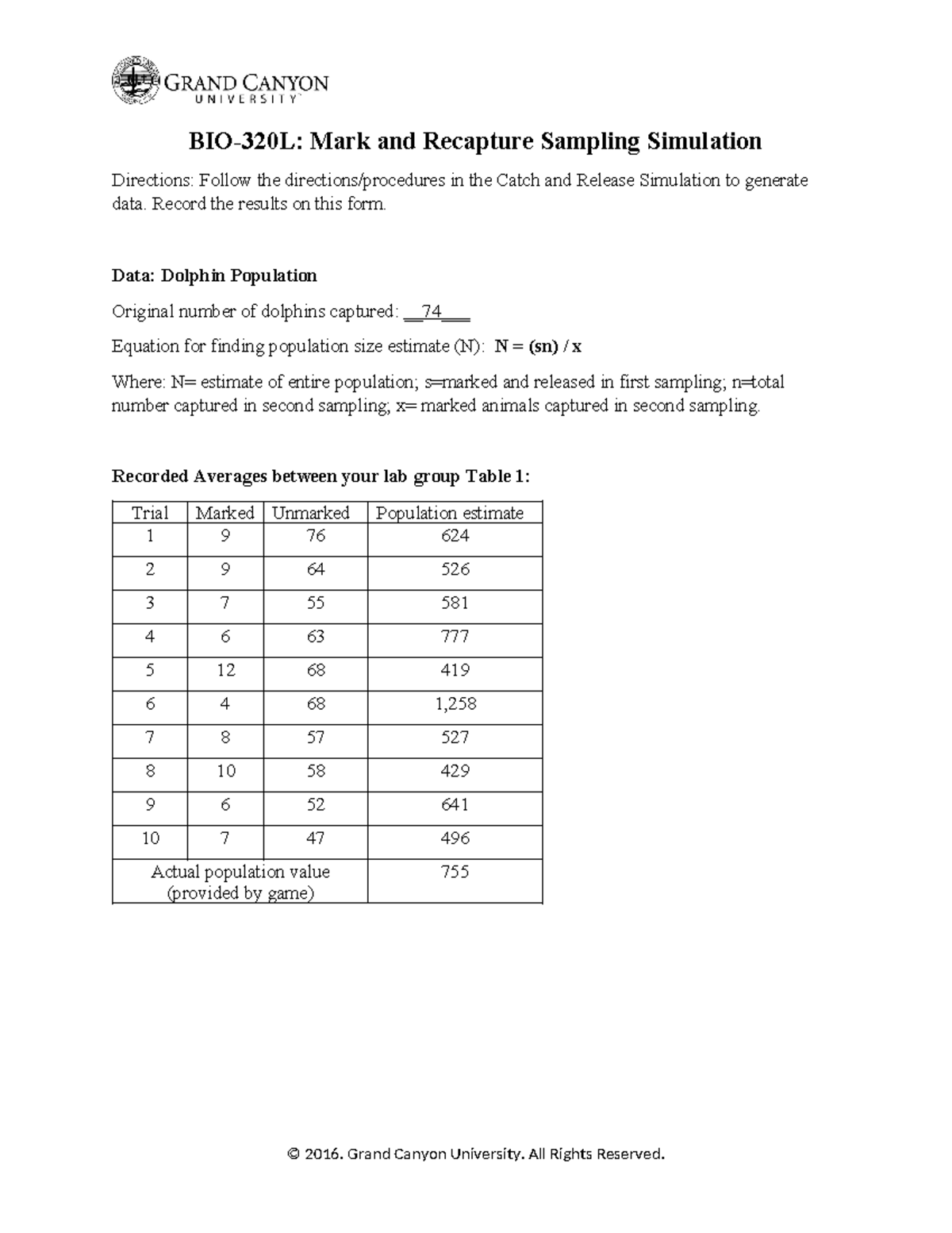BIO-320L: Mark & Recapture Analysis and Virtual Sampling Guide - Studocu