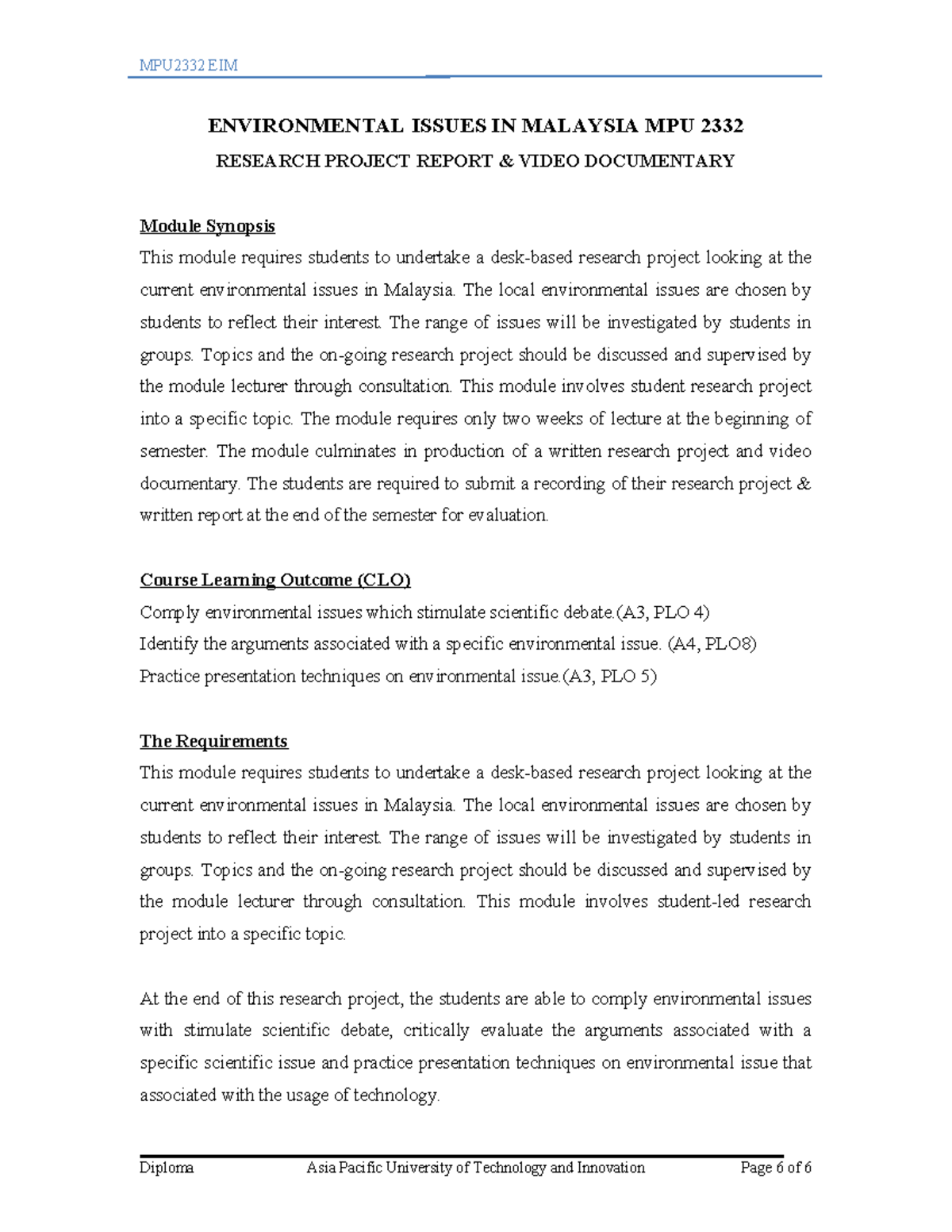 MPU2332 EIM Environmental Issues Research Project Report & Video - Studocu