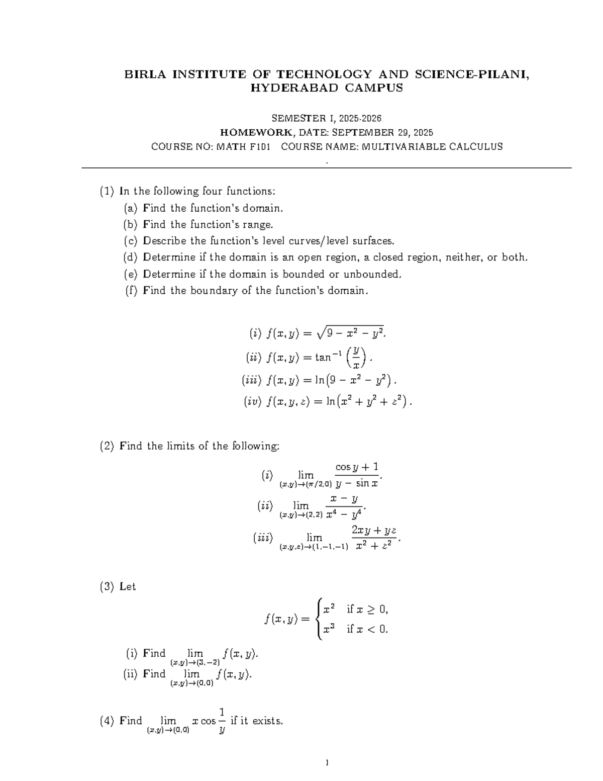 MATH F101: Multivariable Calculus Homework - 29 Sep 2025 - Studocu
