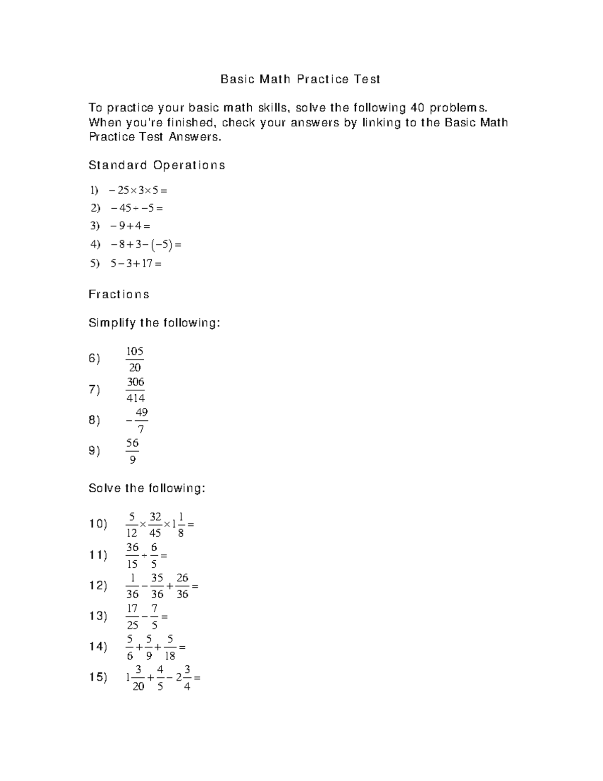 Basic Math Practice Test: Addition, Subtraction & More Problems - Studocu